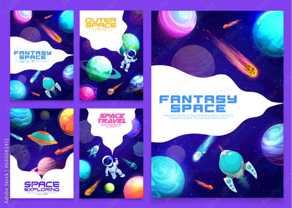 Cartoon space landing page with galaxy landscape, planets and starship ...