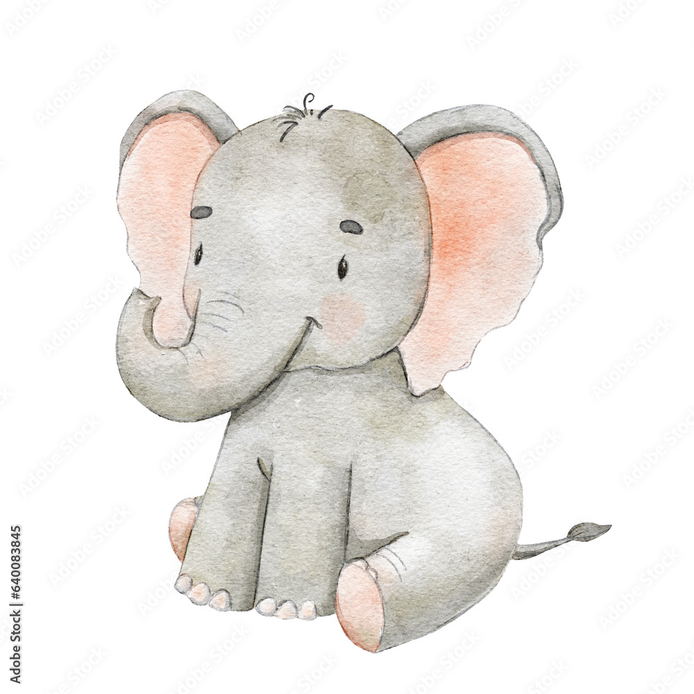Cute sitting elephant. Drawing african baby wild elephant isolated on ...