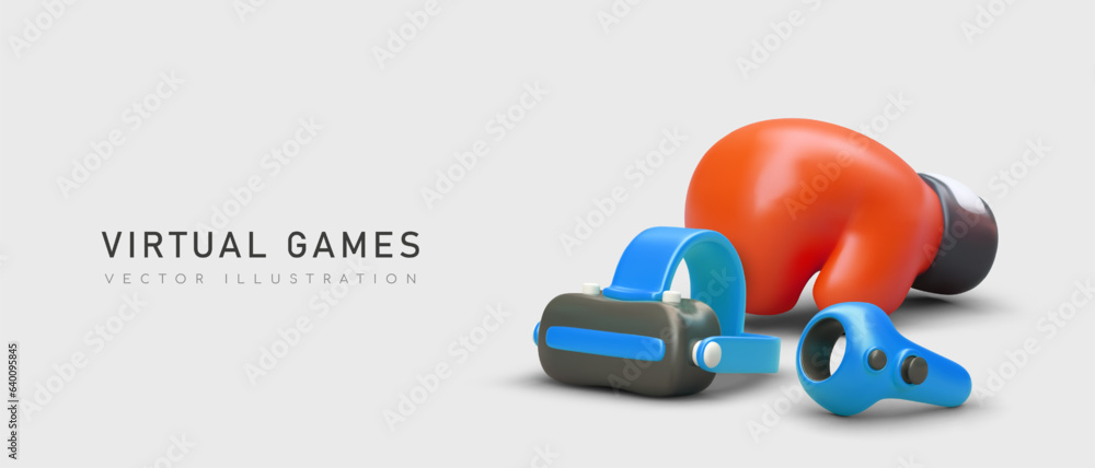 Virtual games. VR glasses, controller, boxing glove. Battle simulators ...