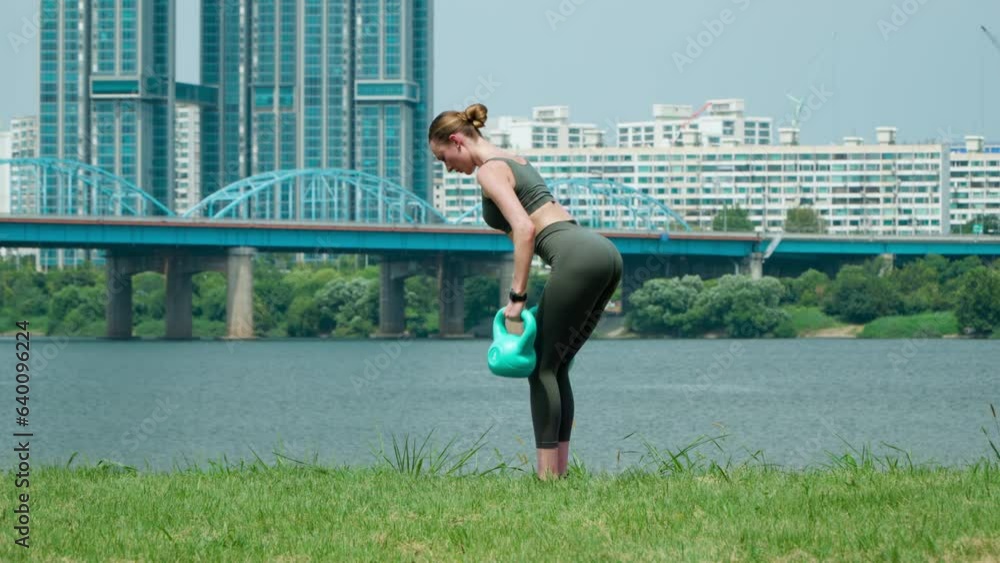 Vidéo Stock Strong Fit Woman Doing Kettlebell Rows Lats Exercise with ...