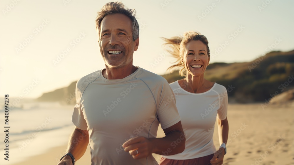 Smiley middle aged Caucasian couple during jogging workout on the beach ...
