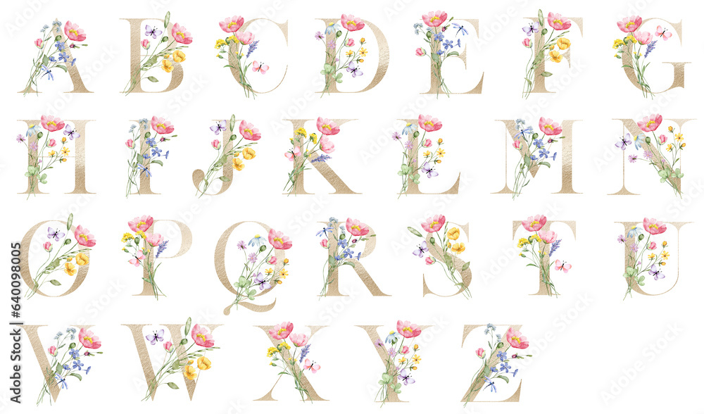 Letter set, floral alphabet with watercolor flowers and leaf. Monogram ...