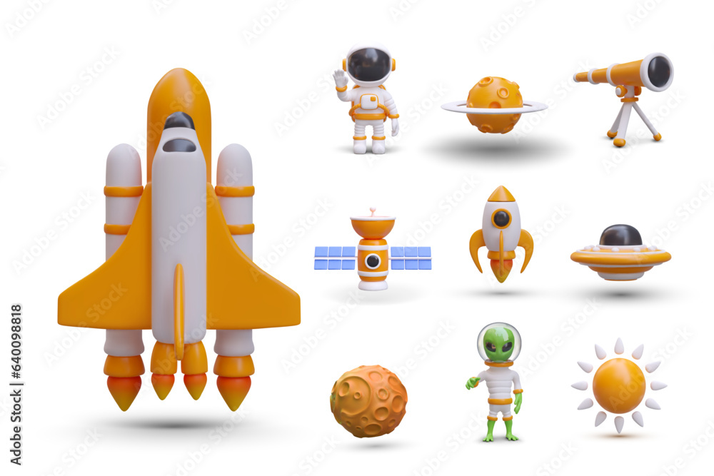 Large set of colorful realistic space objects. Shuttle, flying saucer ...