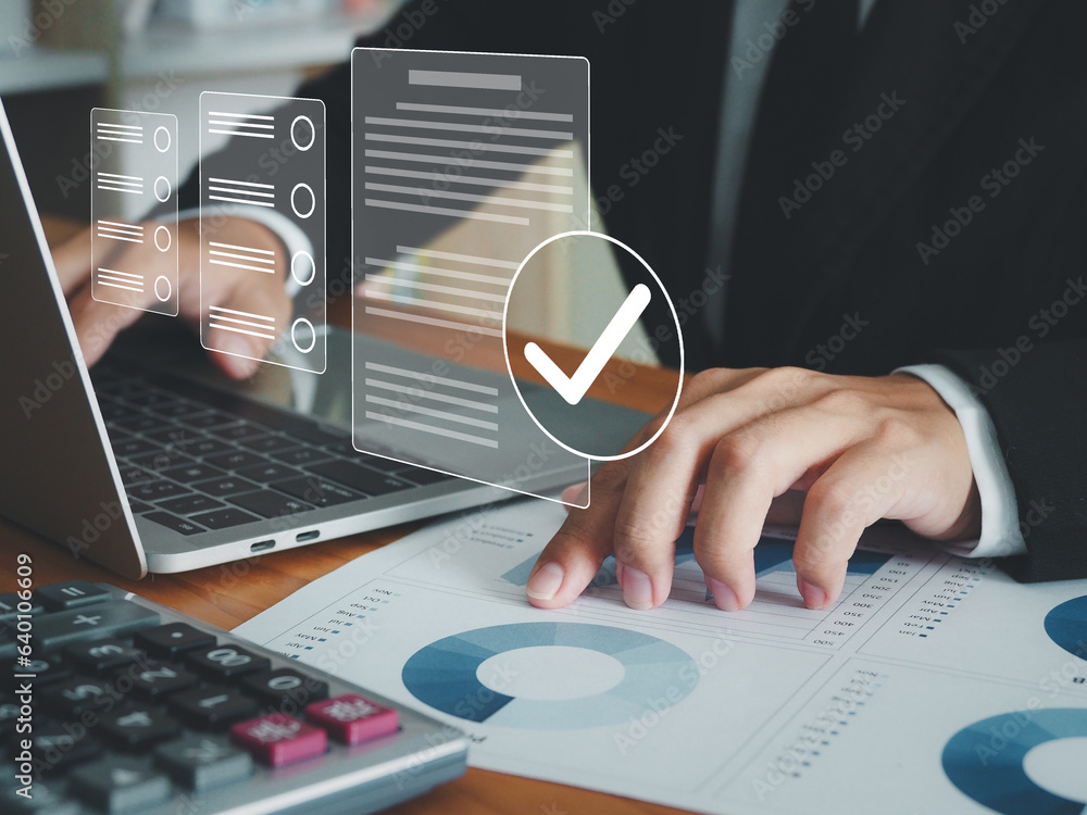 businessman doing business performance checklist online audit report ...