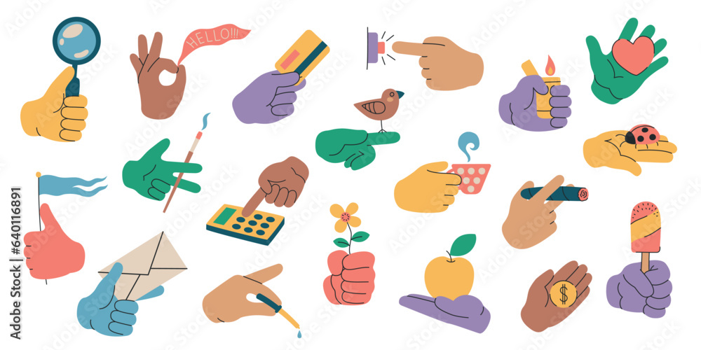 Hands holding objects. Human arm with various stuff, cartoon hand ...