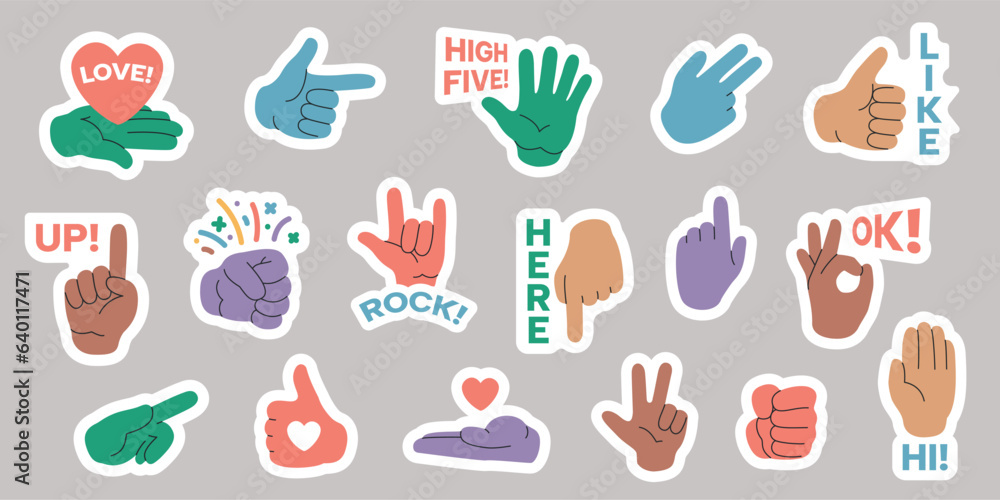 Comic hand stickers. Cute labels with hand expression and gestures ...