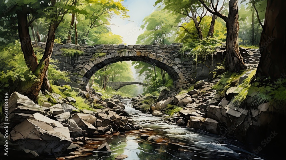 Stone bridge over a stream . Stock Photo | Adobe Stock