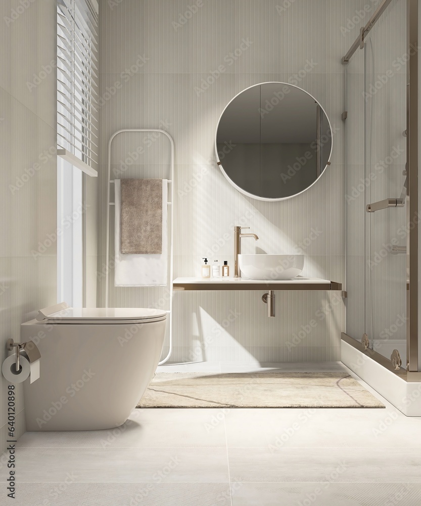Luxury cream white bathroom with modern toilet bowl, vanity counter ...
