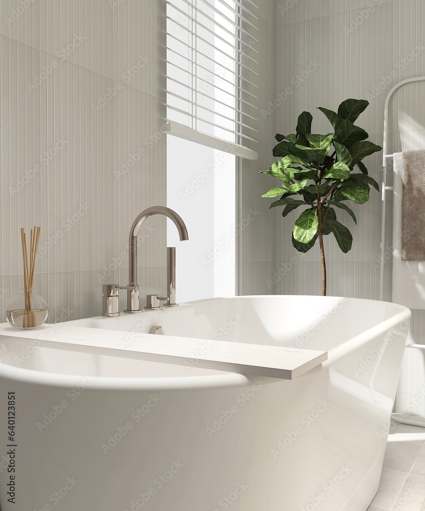 White wood plank caddy tray, reed stick diffuser, freestanding bathtub ...