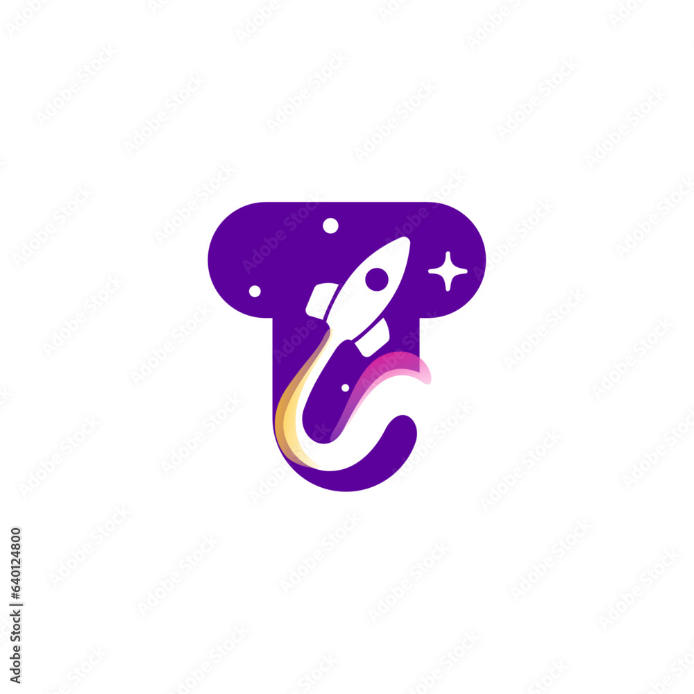 Letter T logo with rocket launch trail, planets, and stars. Negative ...