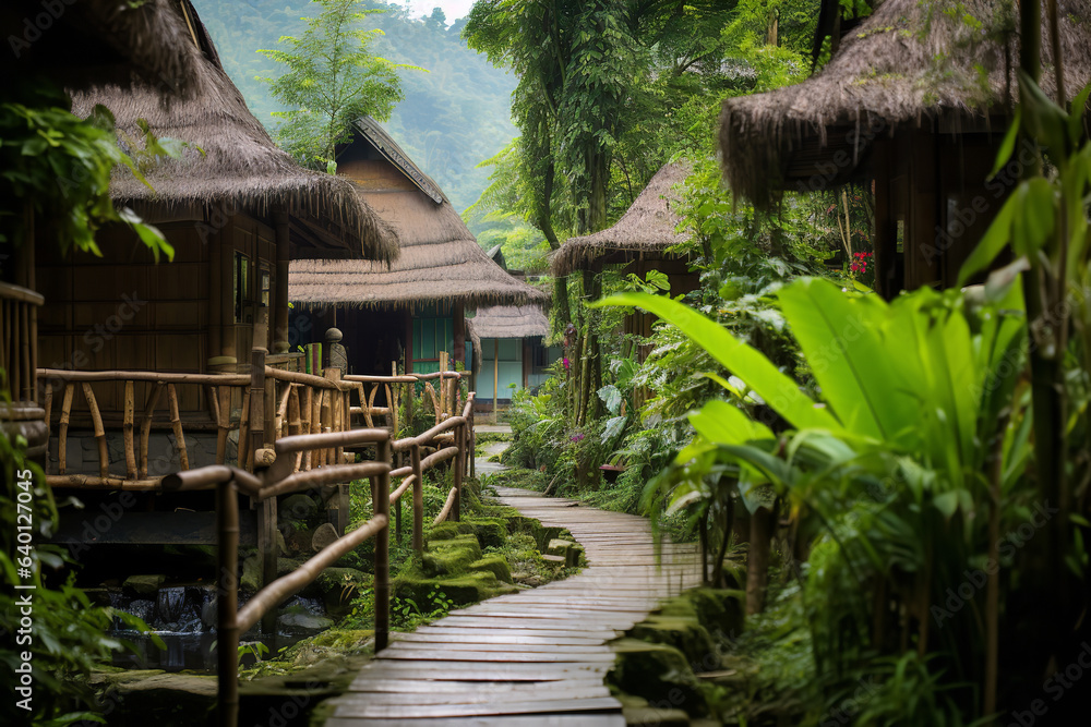 Rustic bamboo huts with thatched roofs stand in harmony with nature ...