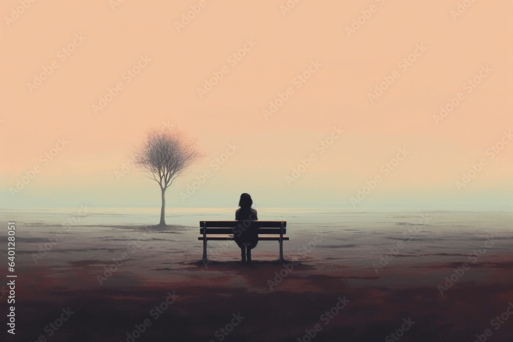 A tree standing alone and a girl sitting on a bench. Loneliness. Stock ...