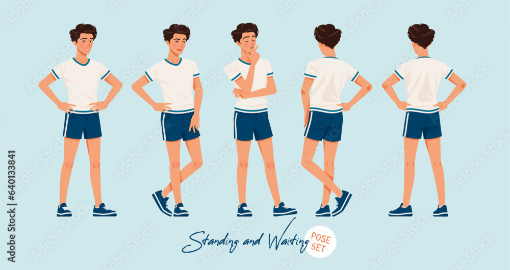 Sporty teenage active boy set standing, waiting poses. Young man ...