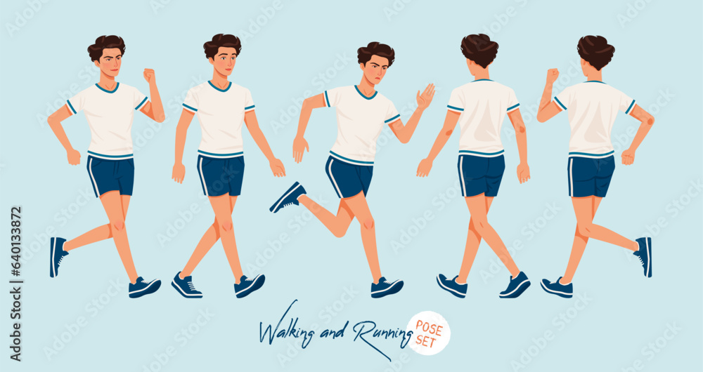 Sporty teenage active boy set running, jogging poses. Young man wearing ...