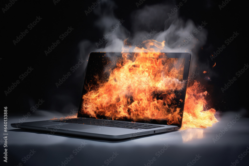 Burning laptop with flames and smoke.Perils of Technology and the ...