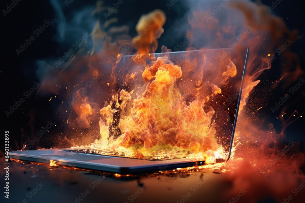 Burning laptop with flames and smoke.Perils of Technology and the ...