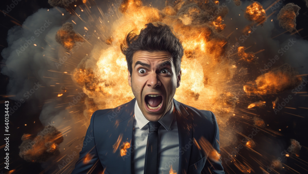 Man in suit screaming in fire background. Capturing the agitated ...
