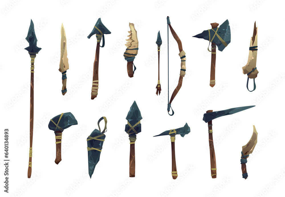 Vetor de Prehistoric weapon. Cartoon primitive caveman wooden tools ...