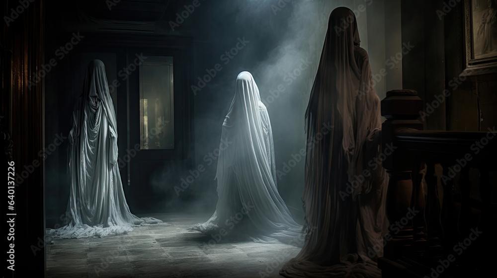 Eerie ghostly apparitions in an old mansion Stock Illustration | Adobe ...