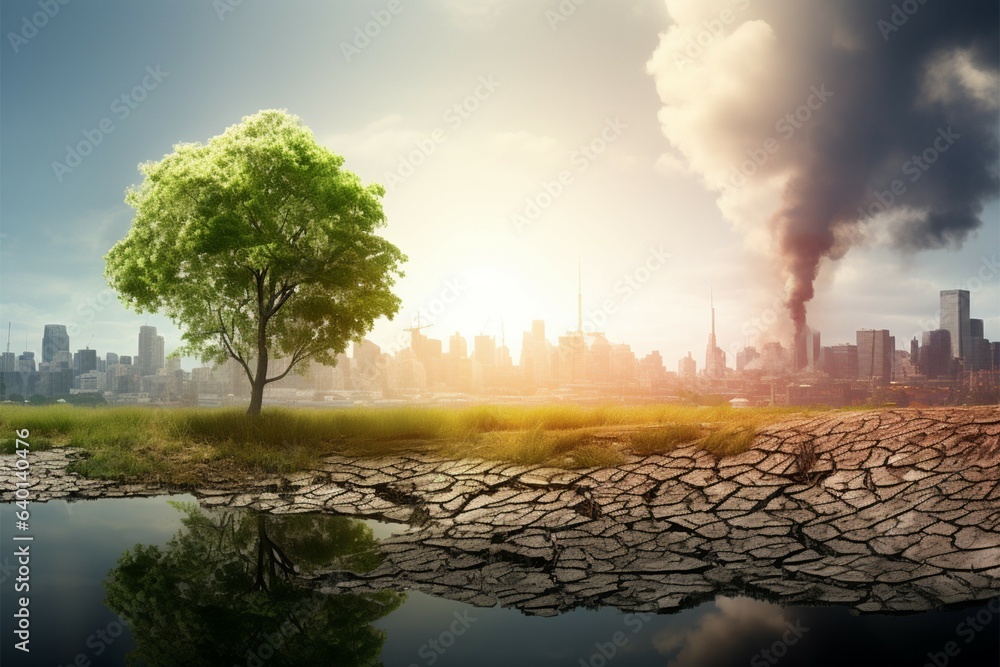 Global warming concept, Green Earth versus polluted arid landscape ...
