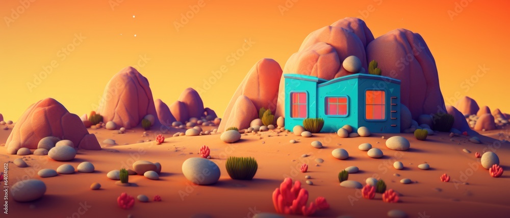 Isolated tiny molded clay home built around rocks and boulders in the ...