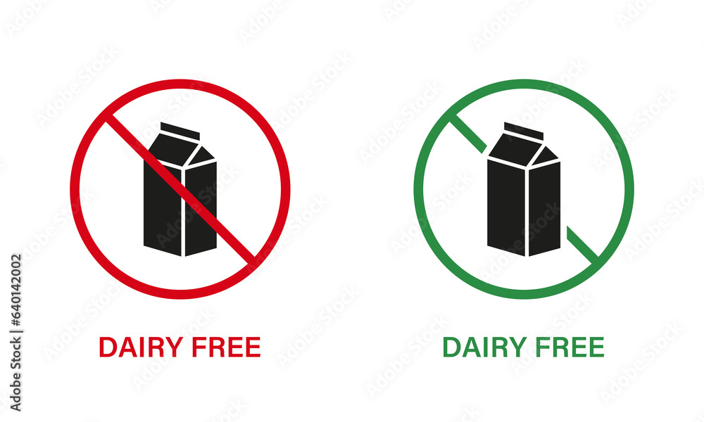 Dairy Free Silhouette Icon Set. Dairy Stop Sign, Only Healthy Food. Cow ...
