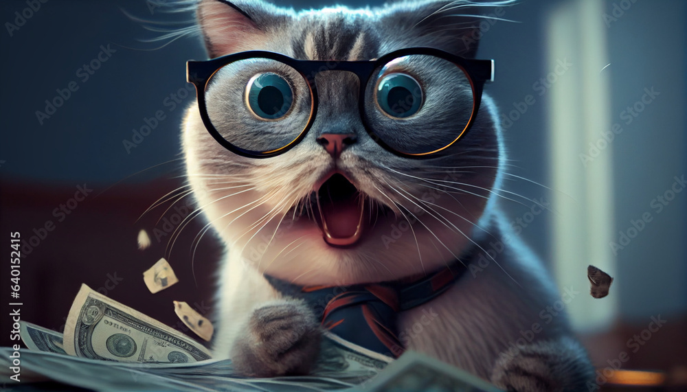 Cat on a table, Shocked cat in glasses with surprised eyes and counting money, Ai generated ...