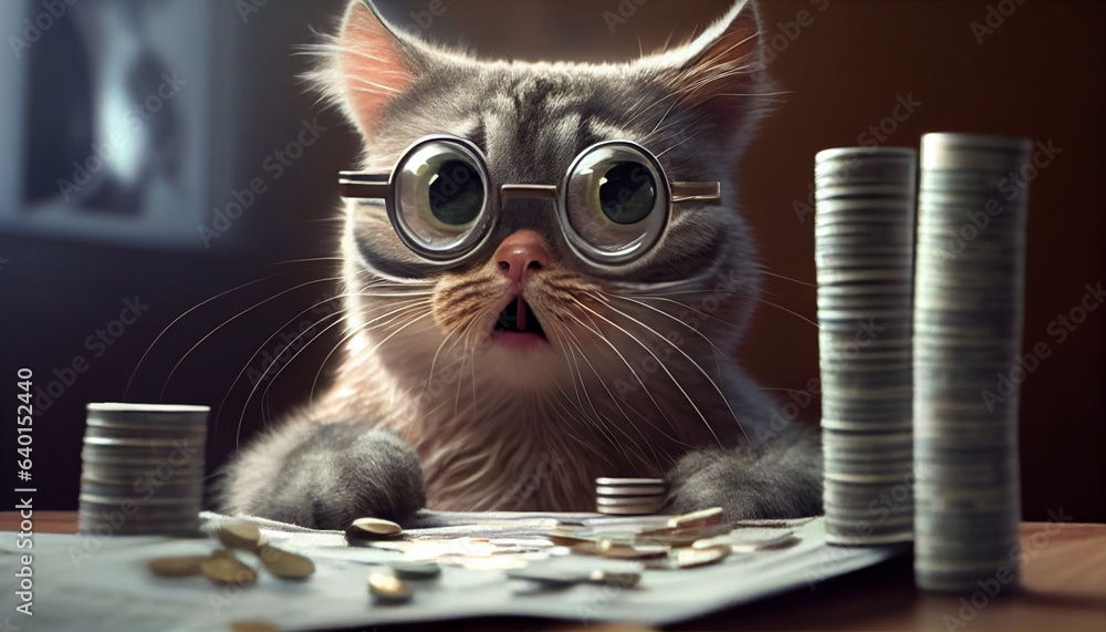 Cat on a table, Shocked cat in glasses with surprised eyes and counting money, Ai generated ...