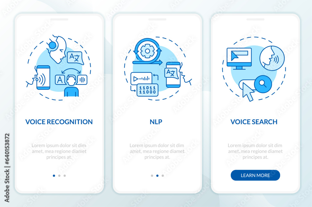 2D icons representing voice assistant mobile app screen set ...