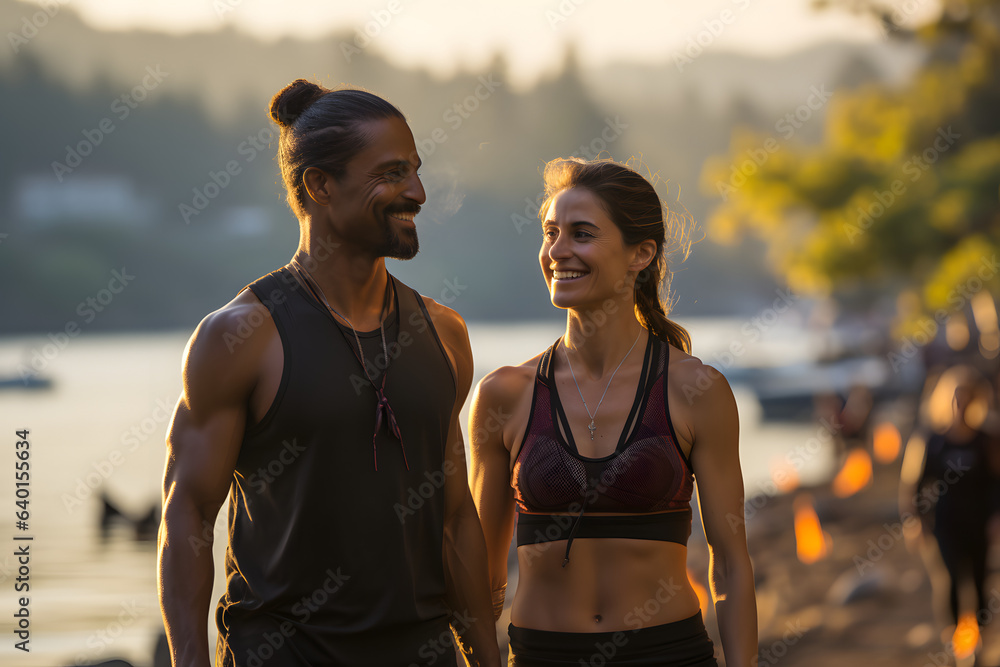 Loving couple captured during a joint workout in a scenic outdoor ...