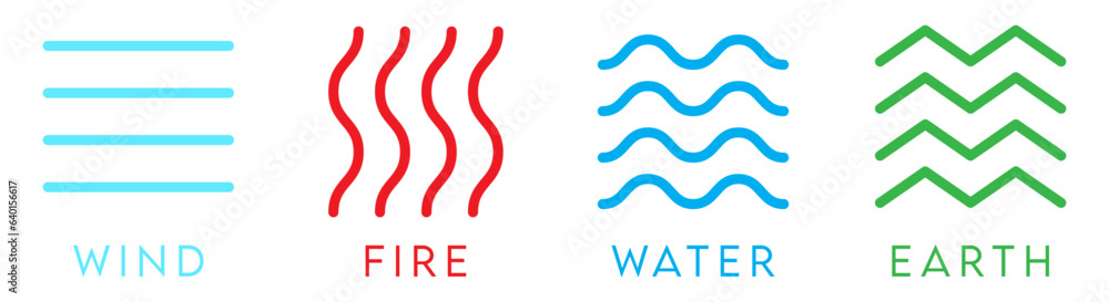 Nature four elements line symbol. Wind, fire, water and earth signs ...