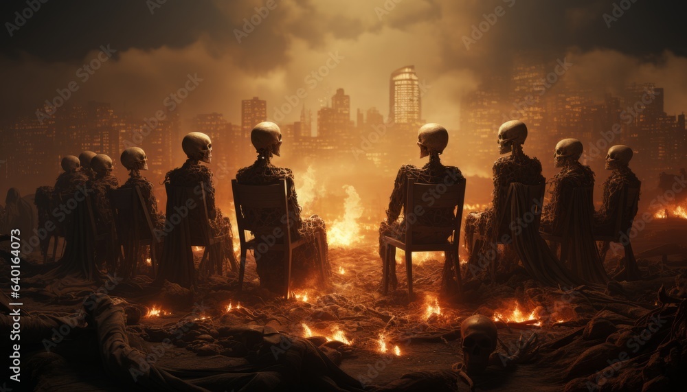 a group of Skeleton rulers on fire are watching the nuclear war in the ...