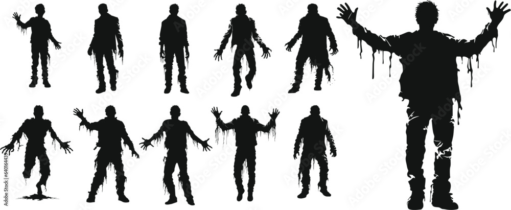 Zombie standing and walking actions in Silhouette style collection ...