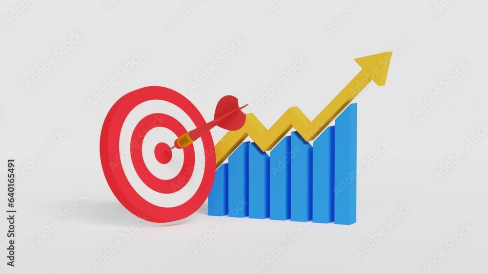 Target icon and growth graph with rise up arrow. 3D animation of bar ...