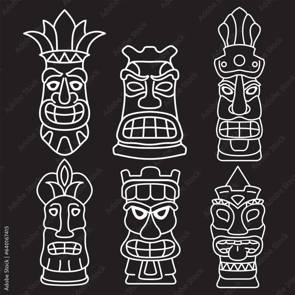 Set polynesian tiki mask black silhouette. Hawaiian tribal mask. Vector ...