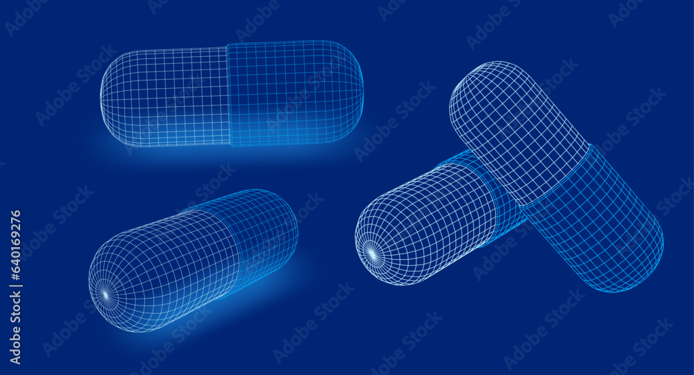 3D wireframe medical capsule pill. Low poly mesh grid model of ...