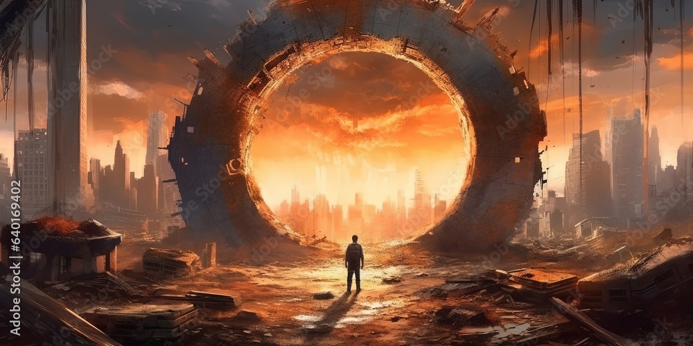 Post apocalypse scene showing the man standing in ruined city and ...