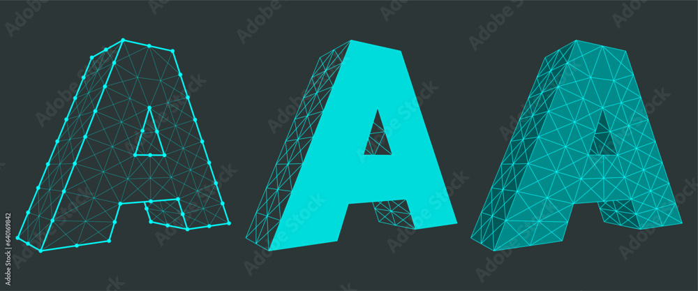 Wireframe low poly 3d geometric letter A in Retro futuristic, cyberpunk ...