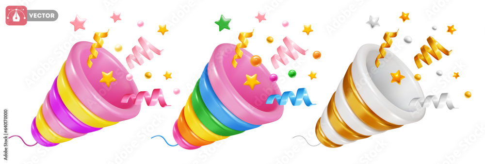 Party poppers set. Colored confetti popping from firework with ...