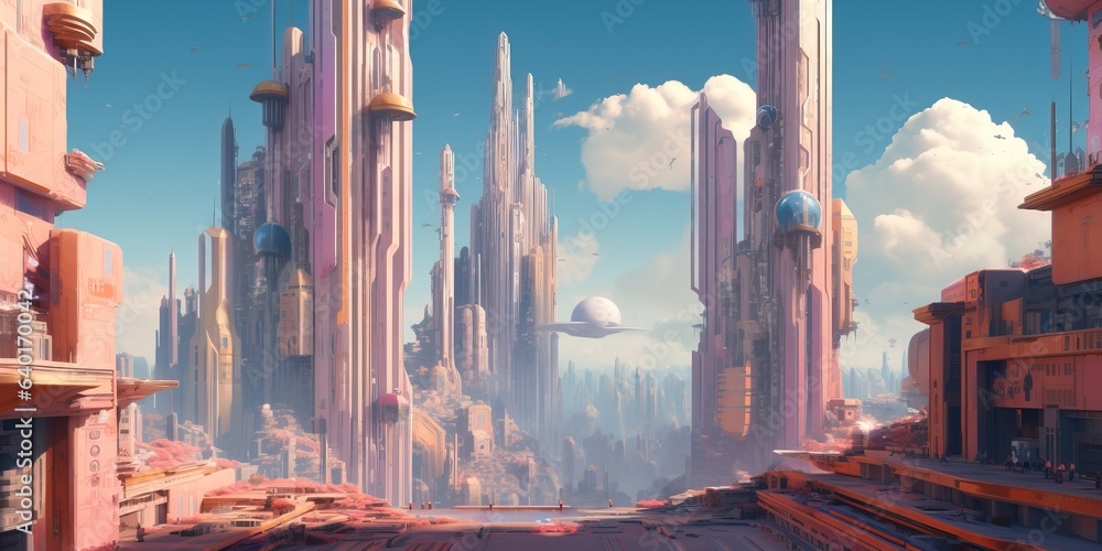 An anime architecture building illustration of towers in a sci fi world ...