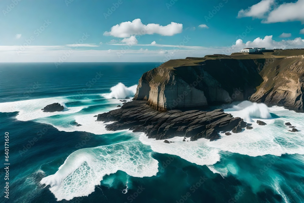 A coastal cliff overlooks a vast expanse of ocean, where crashing waves ...