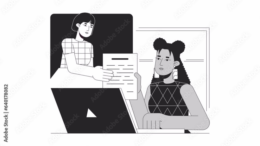 Remote working bw outline 2D animation. Sharing colleagues online 4K ...