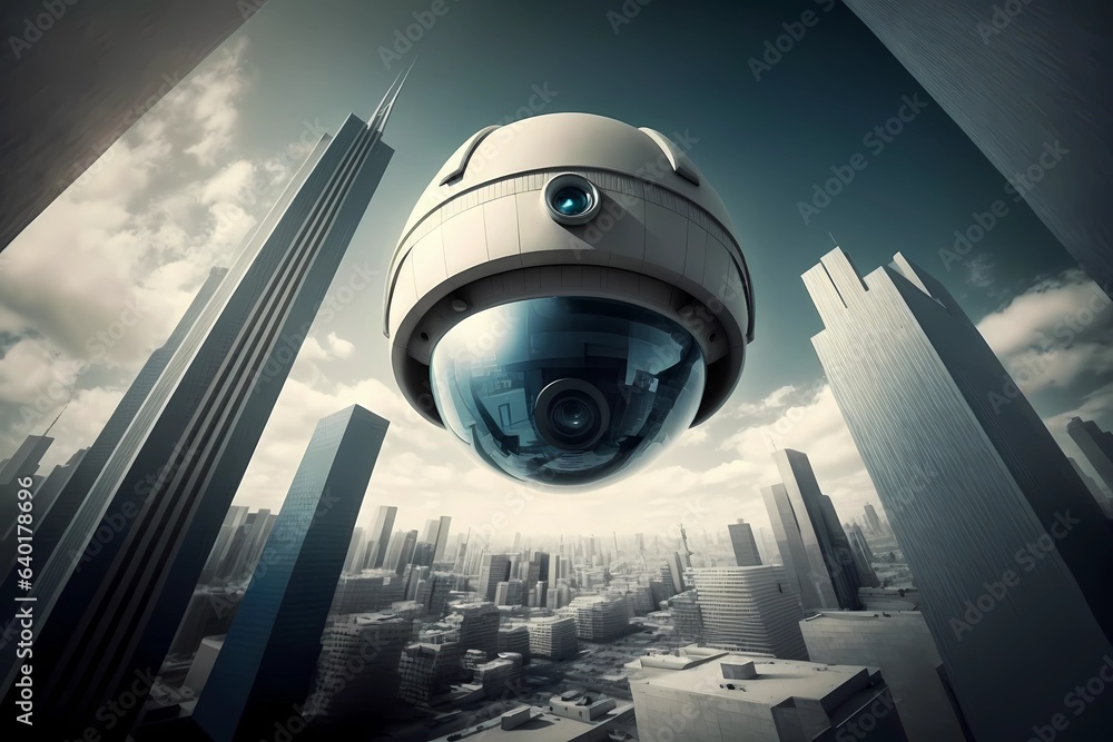 Surveillance camera monitoring busy city street in dystopia. Security ...