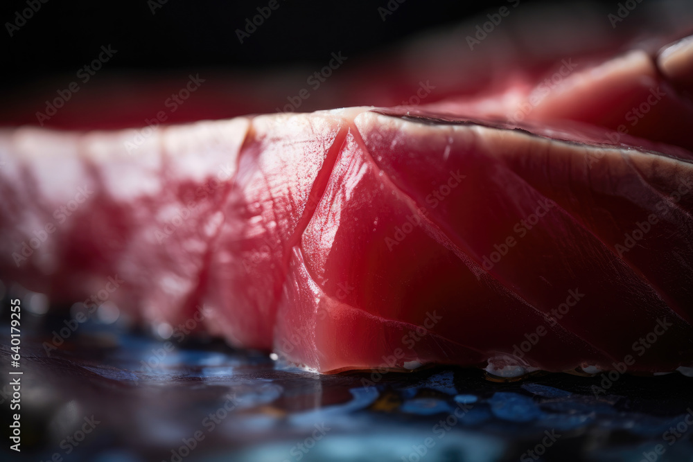The photo captures the exquisite details of a single piece of tuna ...
