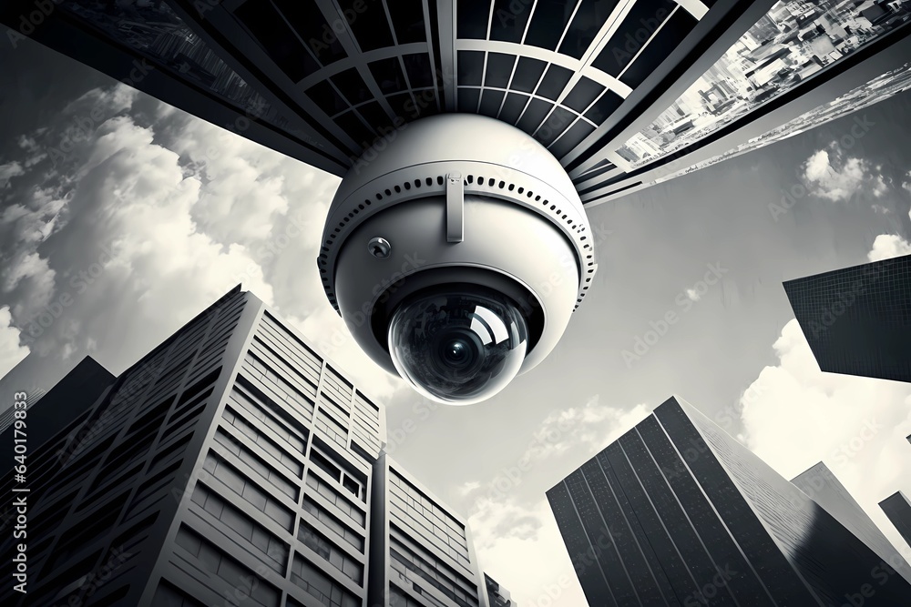 Surveillance camera monitoring busy city street in dystopia. Security ...