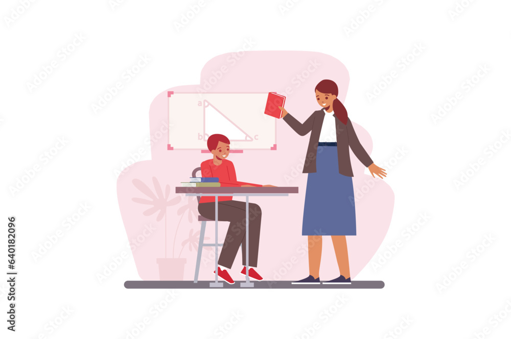 School concept teacher with people scene in the flat cartoon design ...