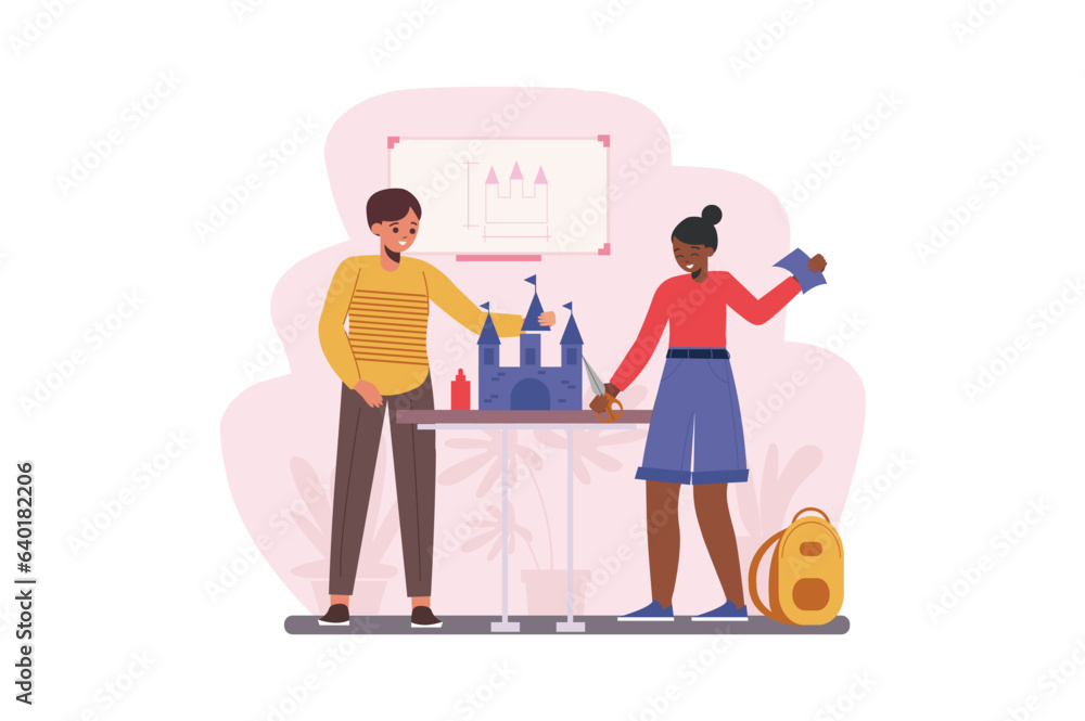 Children assemble a craft school concept with people scene in the flat ...