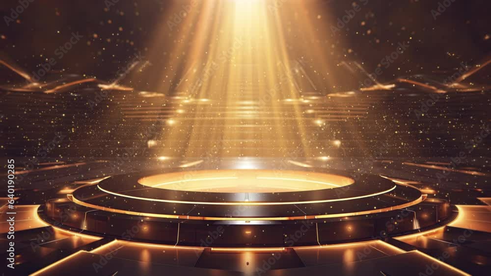 4K Stage with spotlight. Podium with light rays. Bokeh gold particles ...
