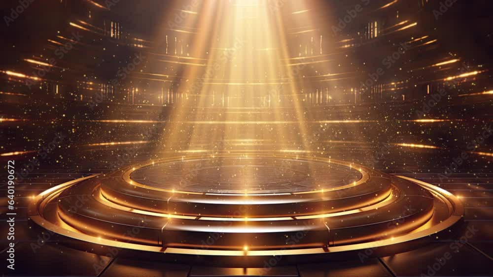4K Stage with spotlight. Podium with light rays. Bokeh gold particles ...