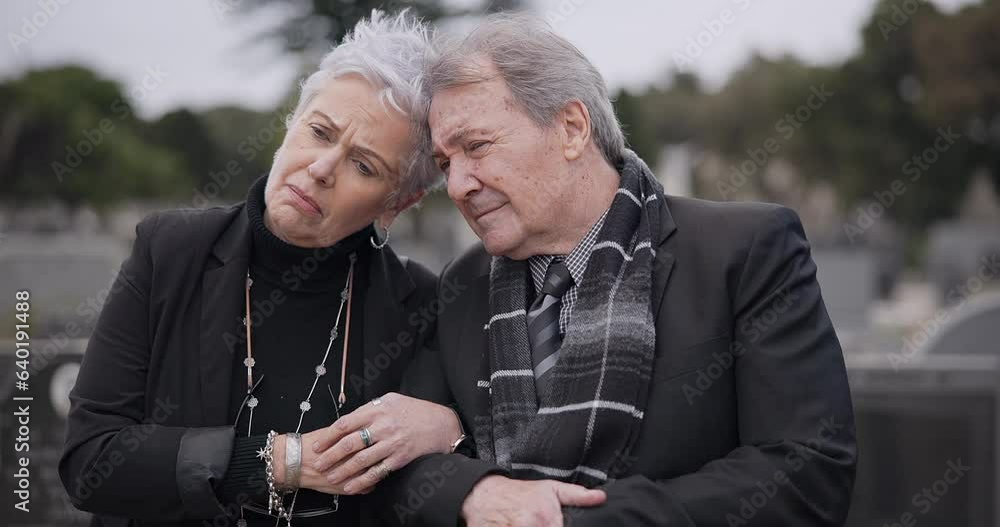 Funeral, graveyard and senior couple for comfort, empathy and support ...